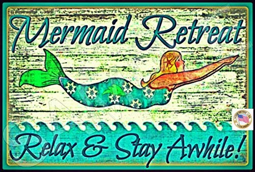 Mermaid Retreat! Made in USA! 8"x12" All Weather Metal Beach Decor Pool Hot Tub Shed Shed Lounge