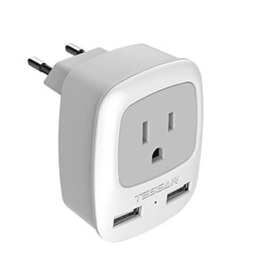 european travel plug adapter, tessan international power plug with 2 usb ports, type c outlet adaptor charger for us to most of europe eu iceland spain italy france germany