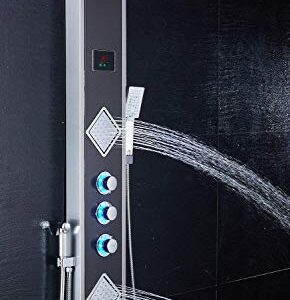 ELLO&ALLO LED Shower Panel Tower System,Rainfall Waterfall Shower Faucet Fixtures Bathroom Rain Massage System with Body Jets Brushed Nickel and Black