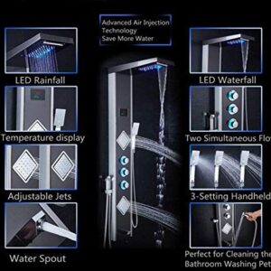 ELLO&ALLO LED Shower Panel Tower System,Rainfall Waterfall Shower Faucet Fixtures Bathroom Rain Massage System with Body Jets Brushed Nickel and Black