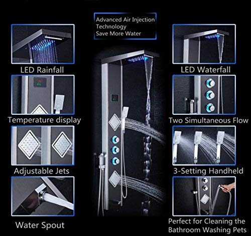 ELLO&ALLO LED Shower Panel Tower System,Rainfall Waterfall Shower Faucet Fixtures Bathroom Rain Massage System with Body Jets Brushed Nickel and Black