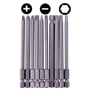 rocaris 10pcs 1/4 inch hex shank long magnetic screwdriver bits set 100mm power tools (slotted+cross+hex head)