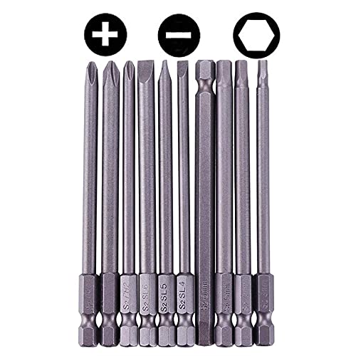 Rocaris 10pcs 1/4 Inch Hex Shank Long Magnetic Screwdriver Bits Set 100mm Power Tools (Slotted+Cross+Hex head)