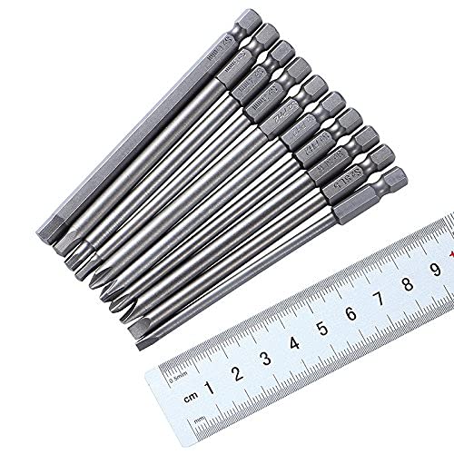 Rocaris 10pcs 1/4 Inch Hex Shank Long Magnetic Screwdriver Bits Set 100mm Power Tools (Slotted+Cross+Hex head)