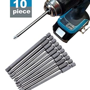 Rocaris 10pcs 1/4 Inch Hex Shank Long Magnetic Screwdriver Bits Set 100mm Power Tools (Slotted+Cross+Hex head)