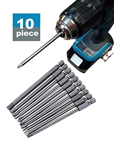 Rocaris 10pcs 1/4 Inch Hex Shank Long Magnetic Screwdriver Bits Set 100mm Power Tools (Slotted+Cross+Hex head)