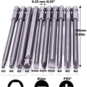 Rocaris 10pcs 1/4 Inch Hex Shank Long Magnetic Screwdriver Bits Set 100mm Power Tools (Slotted+Cross+Hex head)