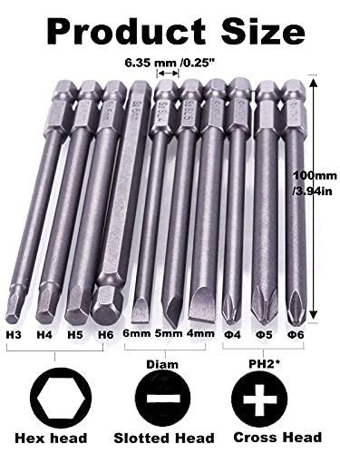 Rocaris 10pcs 1/4 Inch Hex Shank Long Magnetic Screwdriver Bits Set 100mm Power Tools (Slotted+Cross+Hex head)