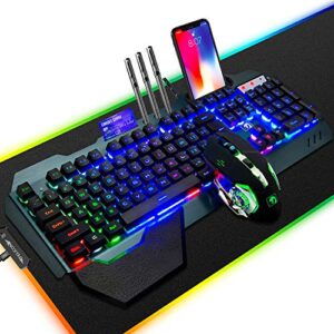 felicon wired game keyboard and mouse combo, rgb led backlit mechanical feel keyboard with hand rest phone holder,and 6 button 3200 dpi mice and large rgb mouse pad for computer gamer office