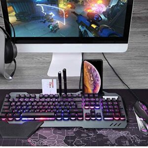 FELiCON Wired Game Keyboard and Mouse Combo, RGB LED Backlit Mechanical Feel Keyboard with Hand Rest Phone Holder,and 6 Button 3200 DPI Mice and Large RGB Mouse Pad for Computer Gamer Office