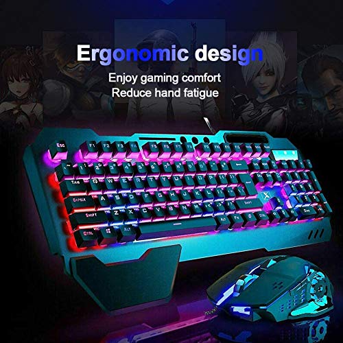 FELiCON Wired Game Keyboard and Mouse Combo, RGB LED Backlit Mechanical Feel Keyboard with Hand Rest Phone Holder,and 6 Button 3200 DPI Mice and Large RGB Mouse Pad for Computer Gamer Office