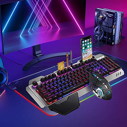 FELiCON Wired Game Keyboard and Mouse Combo, RGB LED Backlit Mechanical Feel Keyboard with Hand Rest Phone Holder,and 6 Button 3200 DPI Mice and Large RGB Mouse Pad for Computer Gamer Office