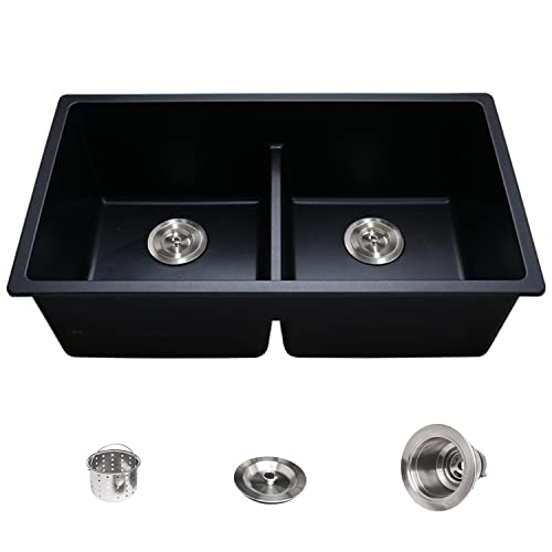 Enbol Black Undermount Kitchen Sink Double Bowl Granite Composite Kitchen Sinks 50/50 10" Deep Sink GDS-3118-B