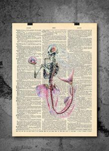 skeleton mermaid dictionary art print - vintage dictionary print 8x10 inch home vintage art abstract prints wall art for home decor wall decorations ready-to-frame