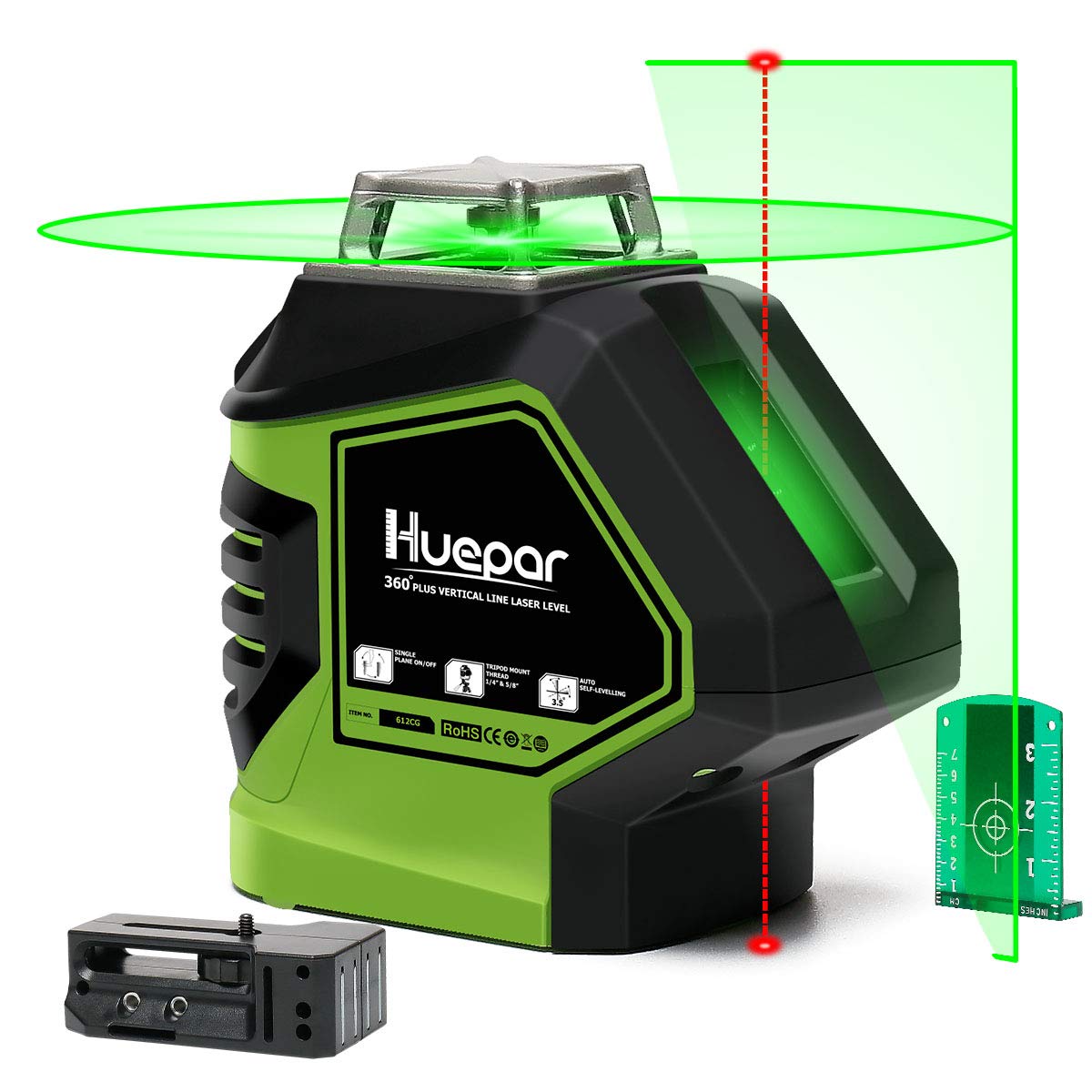 Huepar Self-Leveling Green Laser Level Cross Line with 2 Plumb Dots Laser Tool -360-Degree Horizontal Line Plus Large Fan Angle of Vertical Beam with Up & Down Points -Magnetic Pivoting Base 621CG