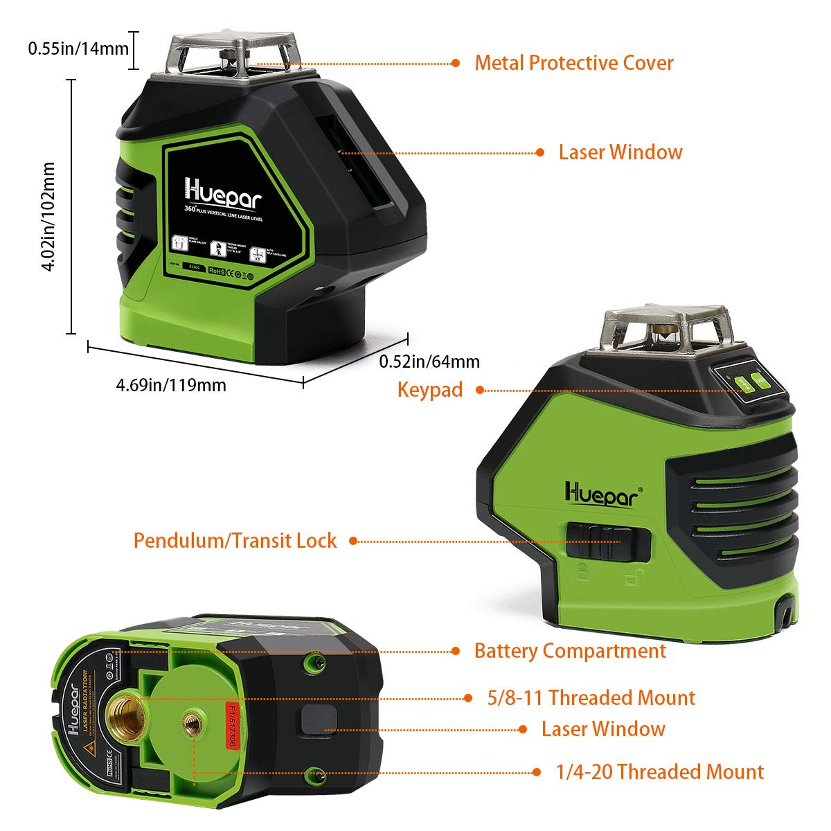 Huepar Self-Leveling Green Laser Level Cross Line with 2 Plumb Dots Laser Tool -360-Degree Horizontal Line Plus Large Fan Angle of Vertical Beam with Up & Down Points -Magnetic Pivoting Base 621CG