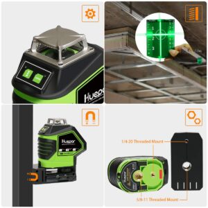 Huepar Self-Leveling Green Laser Level Cross Line with 2 Plumb Dots Laser Tool -360-Degree Horizontal Line Plus Large Fan Angle of Vertical Beam with Up & Down Points -Magnetic Pivoting Base 621CG