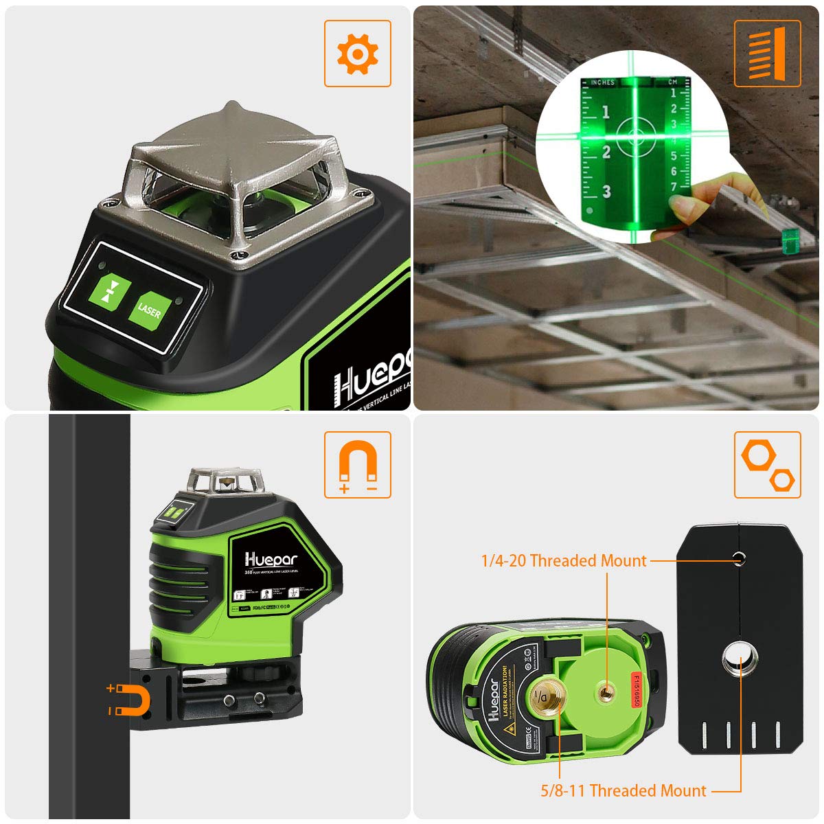 Huepar Self-Leveling Green Laser Level Cross Line with 2 Plumb Dots Laser Tool -360-Degree Horizontal Line Plus Large Fan Angle of Vertical Beam with Up & Down Points -Magnetic Pivoting Base 621CG