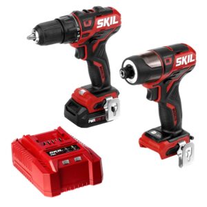 skil 2-tool kit: pwrcore 12 brushless 12v 1/2 inch cordless drill driver and 1/4 inch hex impact driver, includes 2.0ah lithium battery and standard charger - cb738401, red