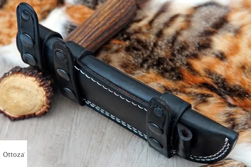 Ottoza Handmade Leather Knife Sheath LEFT HAND Bushcraft Knife Sheath - Hunting Knife Sheath - Survival Knife Sheath - Fixed Blade Knife Sheath Horizontal Carry Black TOP GRAIN LEATHER No:40