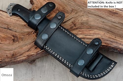 Ottoza Handmade Leather Knife Sheath LEFT HAND Bushcraft Knife Sheath - Hunting Knife Sheath - Survival Knife Sheath - Fixed Blade Knife Sheath Horizontal Carry Black TOP GRAIN LEATHER No:40