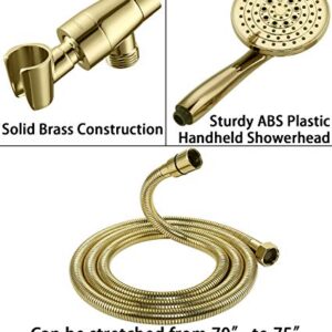 G-Promise Luxury High Pressure 5“ Face 6 Setting Detachable Handheld Shower Head with Extra Long Flexible Metal Hose(70” Stretches to 75”), Adjustable Metal Holder, Polished Brass Finish (2.5GPM)