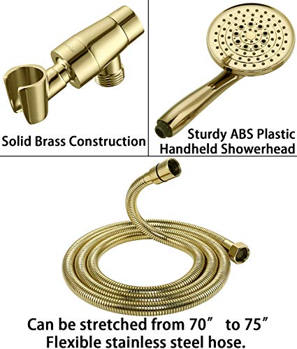 G-Promise Luxury High Pressure 5“ Face 6 Setting Detachable Handheld Shower Head with Extra Long Flexible Metal Hose(70” Stretches to 75”), Adjustable Metal Holder, Polished Brass Finish (2.5GPM)