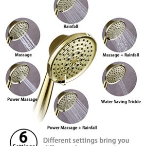 G-Promise Luxury High Pressure 5“ Face 6 Setting Detachable Handheld Shower Head with Extra Long Flexible Metal Hose(70” Stretches to 75”), Adjustable Metal Holder, Polished Brass Finish (2.5GPM)