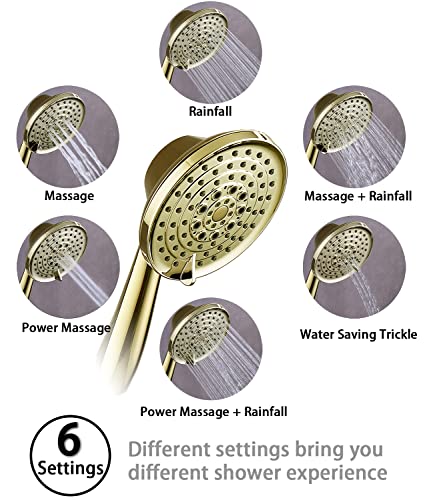 G-Promise Luxury High Pressure 5“ Face 6 Setting Detachable Handheld Shower Head with Extra Long Flexible Metal Hose(70” Stretches to 75”), Adjustable Metal Holder, Polished Brass Finish (2.5GPM)