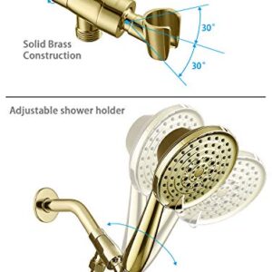 G-Promise Luxury High Pressure 5“ Face 6 Setting Detachable Handheld Shower Head with Extra Long Flexible Metal Hose(70” Stretches to 75”), Adjustable Metal Holder, Polished Brass Finish (2.5GPM)