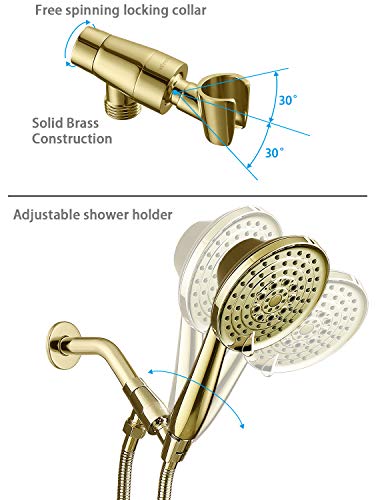 G-Promise Luxury High Pressure 5“ Face 6 Setting Detachable Handheld Shower Head with Extra Long Flexible Metal Hose(70” Stretches to 75”), Adjustable Metal Holder, Polished Brass Finish (2.5GPM)