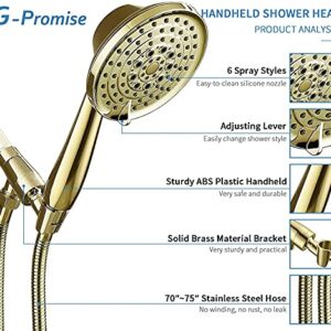 G-Promise Luxury High Pressure 5“ Face 6 Setting Detachable Handheld Shower Head with Extra Long Flexible Metal Hose(70” Stretches to 75”), Adjustable Metal Holder, Polished Brass Finish (2.5GPM)