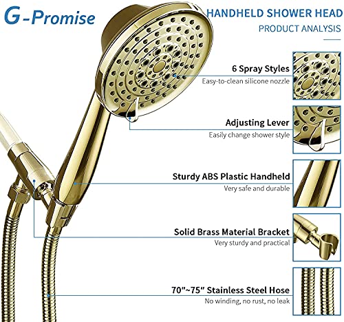 G-Promise Luxury High Pressure 5“ Face 6 Setting Detachable Handheld Shower Head with Extra Long Flexible Metal Hose(70” Stretches to 75”), Adjustable Metal Holder, Polished Brass Finish (2.5GPM)