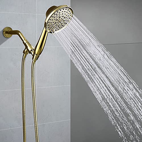 G-Promise Luxury High Pressure 5“ Face 6 Setting Detachable Handheld Shower Head with Extra Long Flexible Metal Hose(70” Stretches to 75”), Adjustable Metal Holder, Polished Brass Finish (2.5GPM)