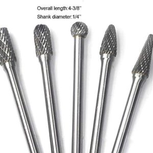 Carbide Burrs Set 5pcs JESTUOUS 1/4 Inch Shank Diameter Extended Long Double Cut edge Solid Tungsten Carbide Burr Rotery File for Die Grinder Bits Drilling