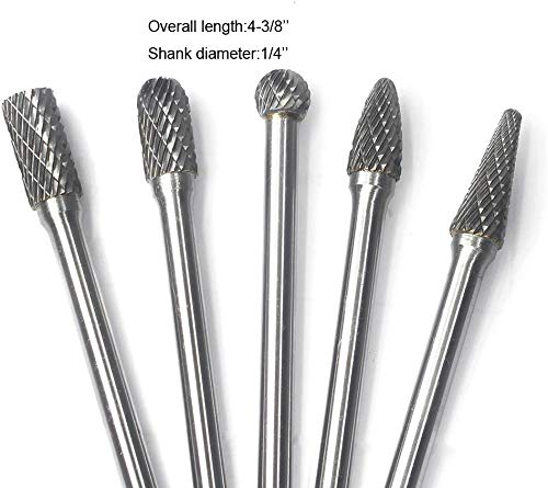 Carbide Burrs Set 5pcs JESTUOUS 1/4 Inch Shank Diameter Extended Long Double Cut edge Solid Tungsten Carbide Burr Rotery File for Die Grinder Bits Drilling