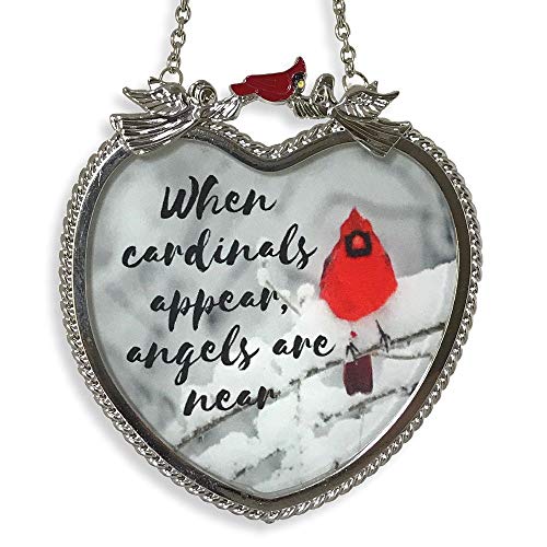 Memorial Cardinal Sun Catcher - When Cardinals Appear Angels are Near Saying - Heart Shaped Glass Sun Catcher with Cardinals and Winter Scene. Measures 4 ¼” H x 4” W.