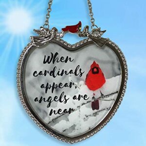 Memorial Cardinal Sun Catcher - When Cardinals Appear Angels are Near Saying - Heart Shaped Glass Sun Catcher with Cardinals and Winter Scene. Measures 4 ¼” H x 4” W.