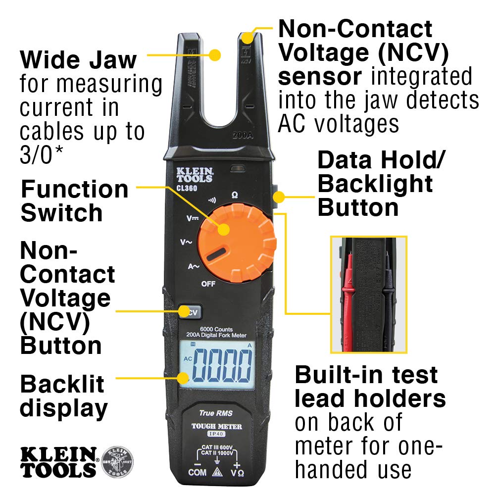 Klein Tools CL360 CL360 Electrical Tester, Open Jaw Fork Non-Contact Voltage Meter with TRMS Technology, with Case, Test Leads and Batteries