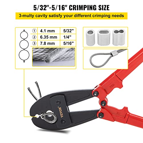 VEVOR 30 Inch Hand Swager Crimper 3 Cavity 5/32" 1/4" 5/16" Swaging Tool for Copper & Aluminum Oval Sleeves & Stop Sleeves Wire Rope Crimping Tool Propress Swage Tool Long Handle Labor Save