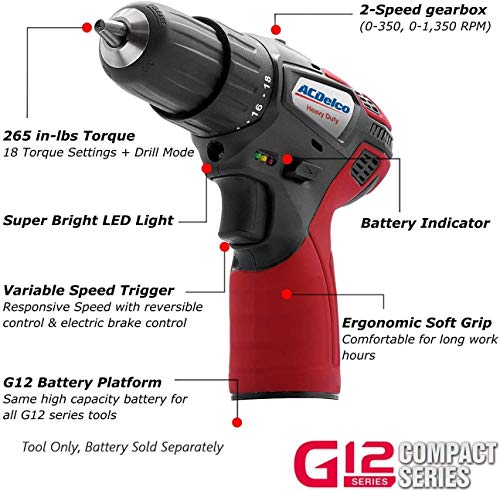 ACDelco ARD12119T G12 Series 12V Cordless Li-ion 3/8” 265 In-lbs. Compact Drill Driver - Bare Tool Only