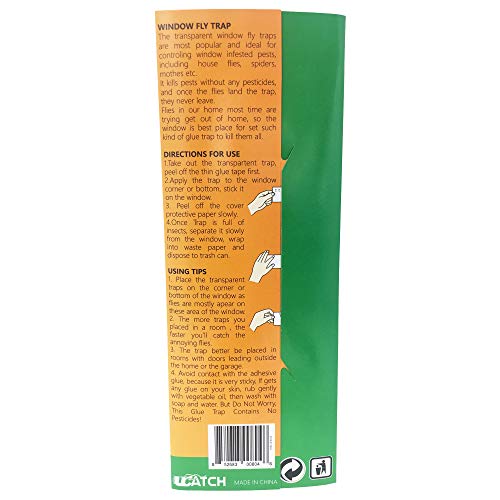 UCatch Transparent Window Fly Traps (13 Pack) to Catch House Flies, Moths, Gnats, Spiders, Bugs. Green, Eco-Friendly See Through Paper with NO Poison