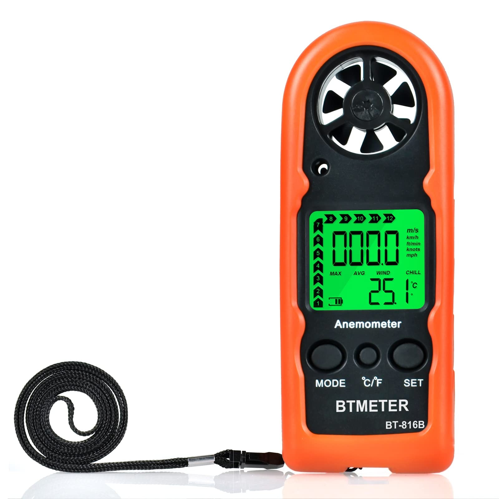 BTMETER BT-816B Handheld Anemometer, Compact Digital Wind Speed Meter Gauge for Air Flow Velocity, Wind Temperature Test with LCD Backlight, Max/Average, Wind Chill