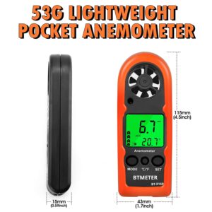 BTMETER BT-816B Handheld Anemometer, Compact Digital Wind Speed Meter Gauge for Air Flow Velocity, Wind Temperature Test with LCD Backlight, Max/Average, Wind Chill