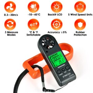 BTMETER BT-816B Handheld Anemometer, Compact Digital Wind Speed Meter Gauge for Air Flow Velocity, Wind Temperature Test with LCD Backlight, Max/Average, Wind Chill