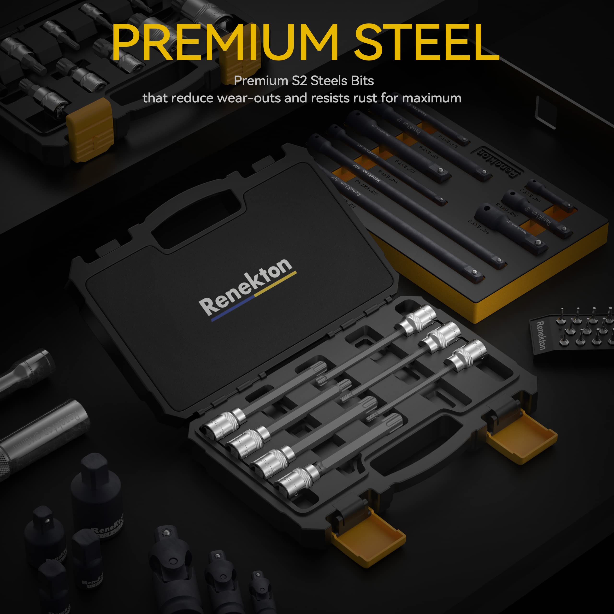 Renekton Torx Star Bit Socket Set,1/2" 3/8" 1/4" Drive, T8 - T70, S2 and Cr-V Steel,13 Pieces