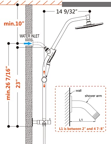 BRIGHT SHOWERS Rain Shower Heads System Solid Brass Sliding Bar with Height Adjustable High Pressure Handheld Shower Head, No Drilling Installation Option Provided