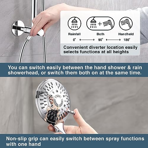 BRIGHT SHOWERS Rain Shower Heads System Solid Brass Sliding Bar with Height Adjustable High Pressure Handheld Shower Head, No Drilling Installation Option Provided