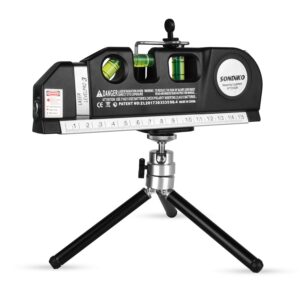 sondiko laser level tool kit, multifunction laser leveler for picture hanging, cabinets, tiles, measure tape standard & metric tape ruler (8ft/2.5m) with retractable metal tripod stand