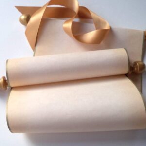 Blank scroll with box on aged parchment, 5" wide paper, gold accents